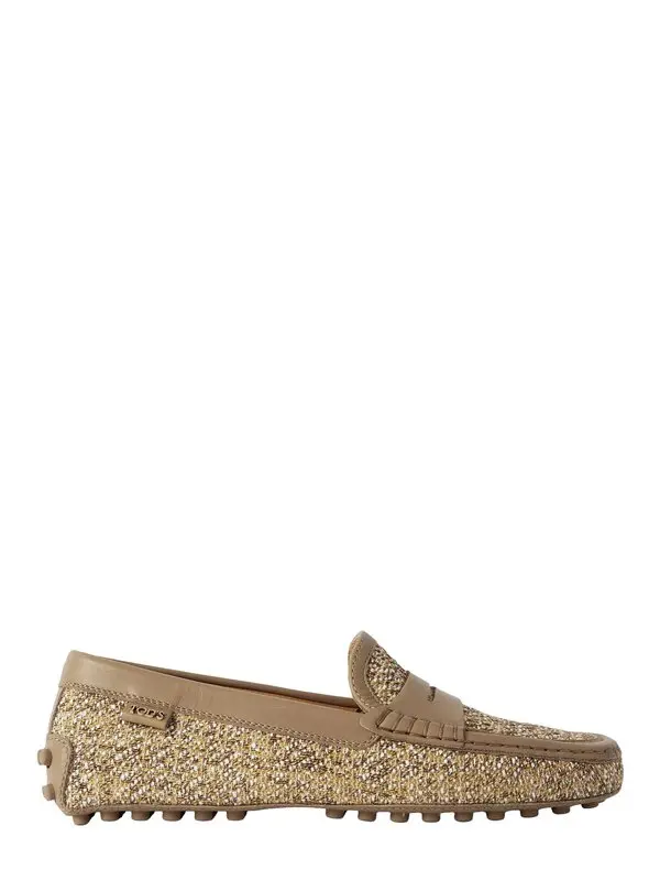TOD'S Leather-trimmed Raffia Loafers - Neutrals