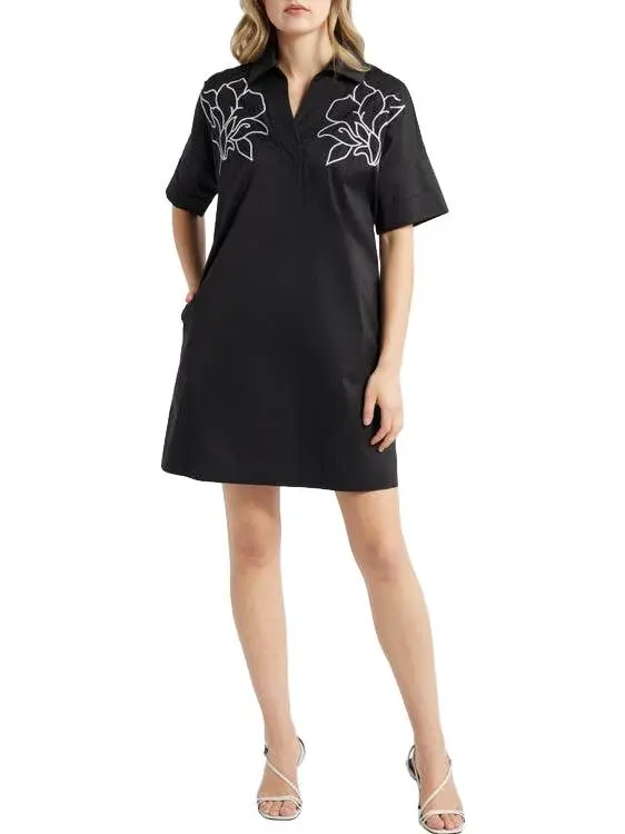 Ming Wang Embroidered Shirtdress - Black/ White