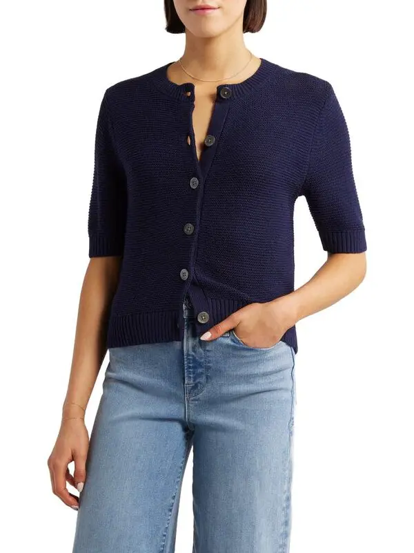 ALEX MILL Elle Elbow Sleeve Linen & Cotton Button-up Sweater - Navy Night