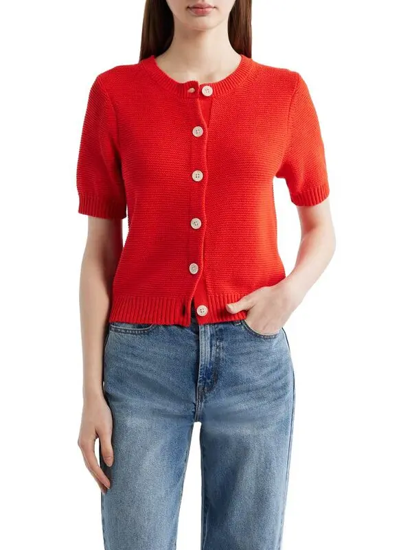 ALEX MILL Elle Elbow Sleeve Linen & Cotton Button-up Sweater - Tomato