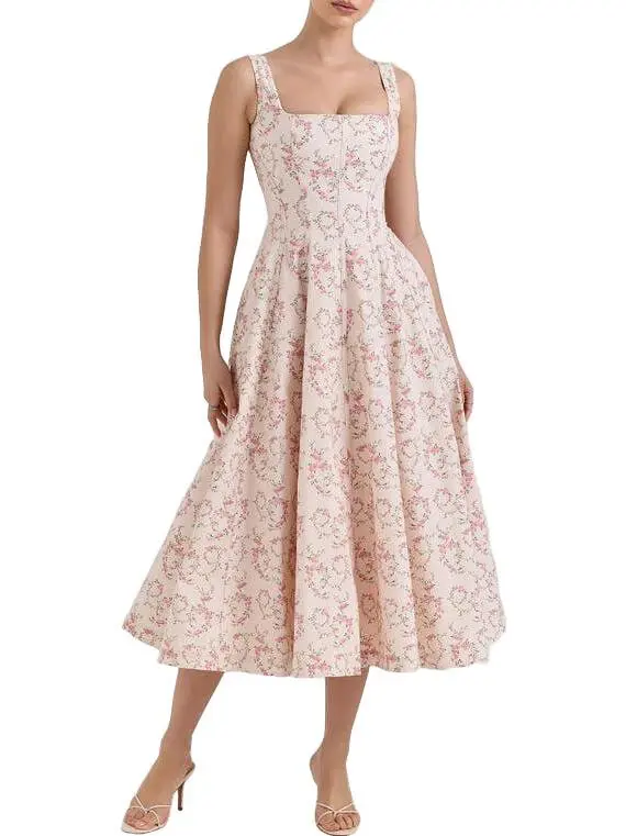 House Of Cb Mariabella Lace-up Midi Dress - Vintage Floral Cream