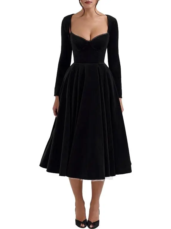 House Of Cb Mademoiselle Long Sleeve Midi Cocktail Dress - Black