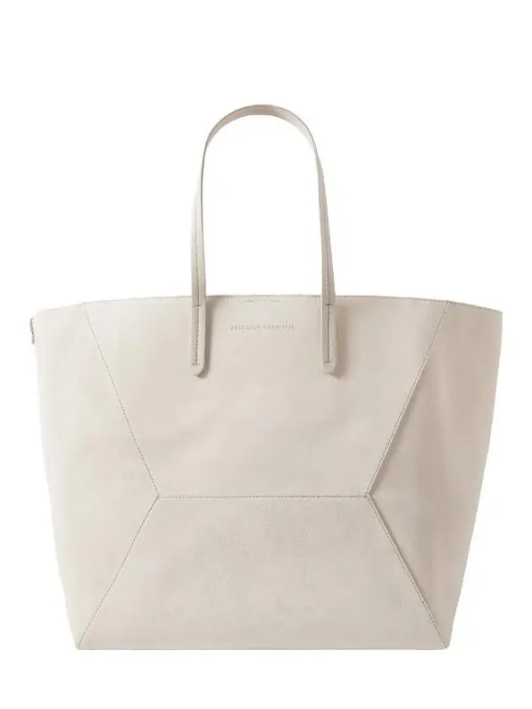 Brunello Cucinelli Bead-embellished Leather-trimmed Paneled Suede Tote - Off-white