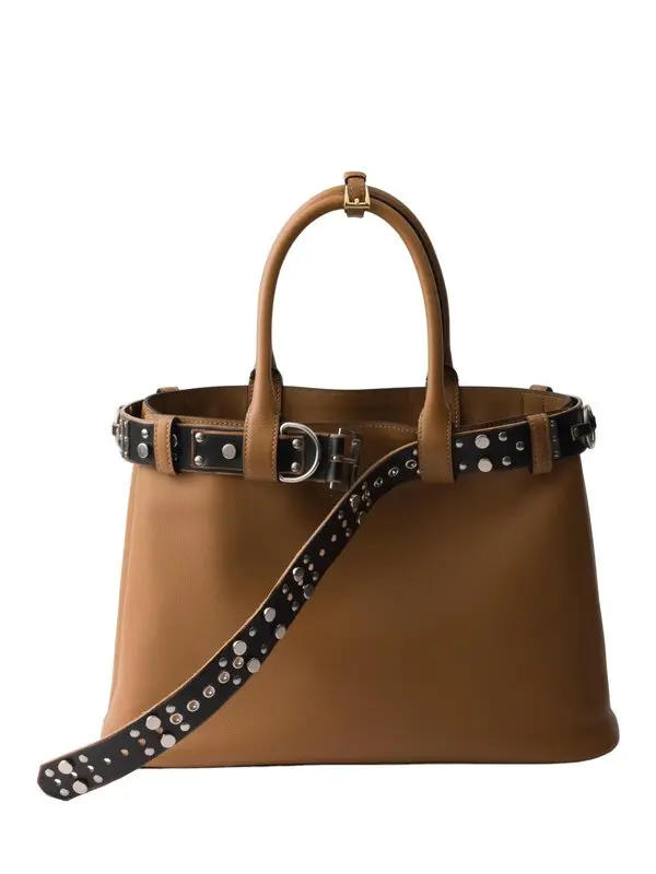 Prada Buckle Leather Handbag - Caramel/black