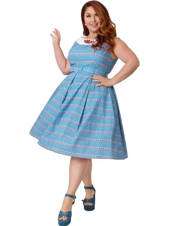 Unique Vintage 1960s Dancing Doll Swing Dress - Blue Gingham