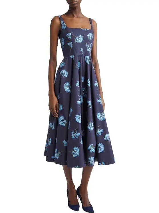 EMILIA WICKSTEAD Mona Floral Cotton Poplin Midi Sundress - Blue Flowers On Navy