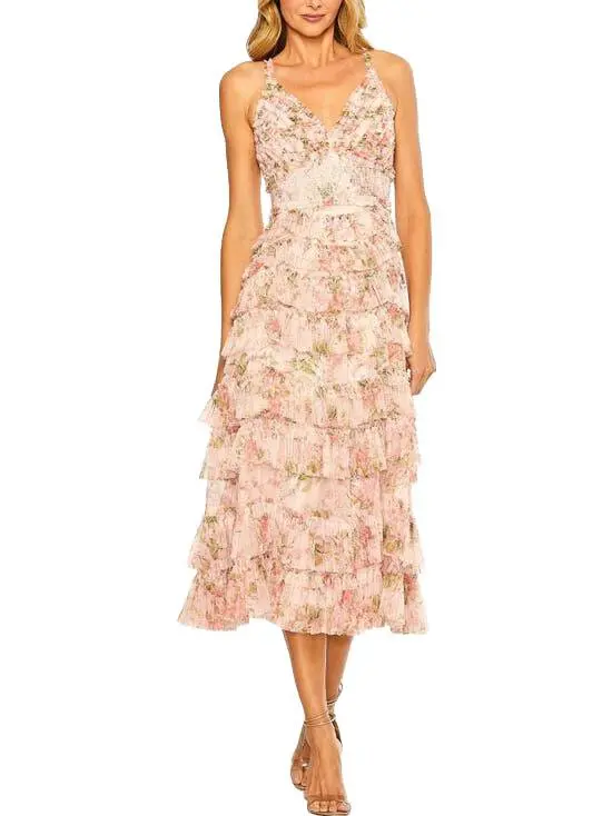 Mac Duggal Sleeveless V-neck Floral Mesh Ruffle Midi Dress - Blush Multi