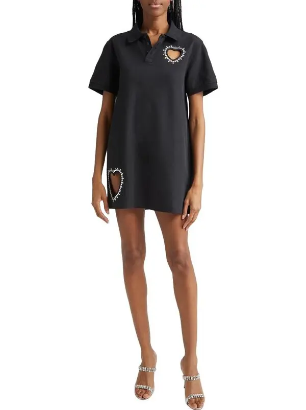 AREA Crystal Trim Heart Cutout Piqué Polo Dress - Black