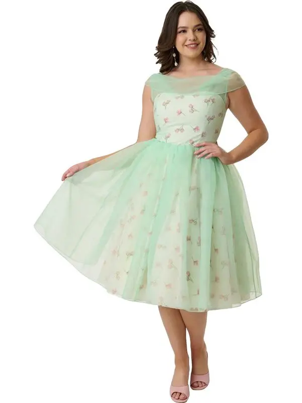 Unique Vintage 1960s Modern Art Swing Dress - Green Floral