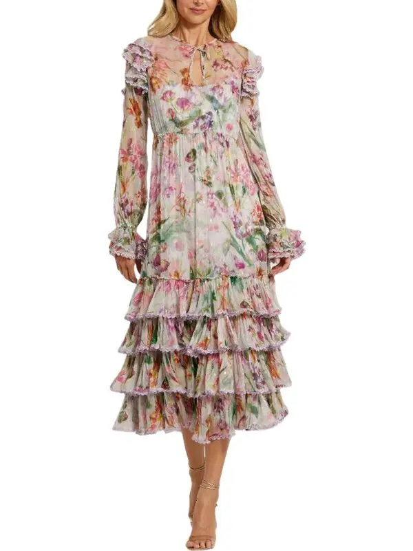 Mac Duggal Long Sleeve Ruffle Detail Floral Shift Dress - Lilac Multi