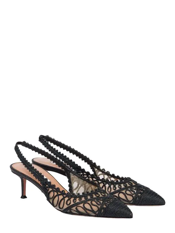 AQUAZZURA Kahlo 50 Raffia-effect Slingback Pumps - Black