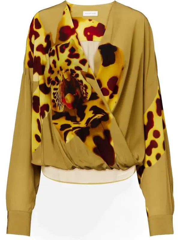 Dries Van Noten Printed Draped Satin Blouse - Green