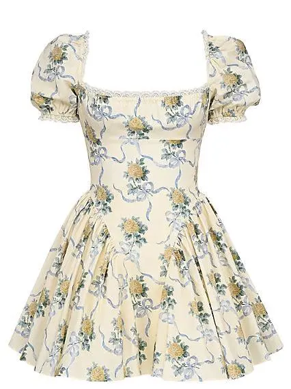 House Of Cb Floral-print Stretch-cotton Mini Dress - Lemon Rose Print