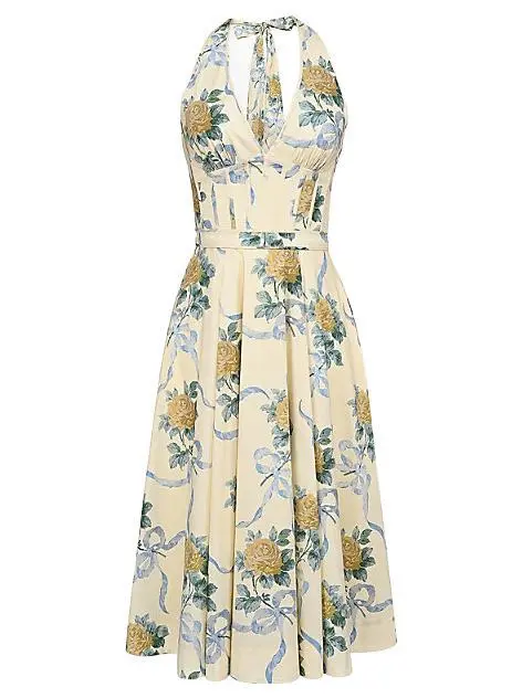 House Of Cb Corset-bodice Stretch-cotton Midi Dress - Lemon Ribbon