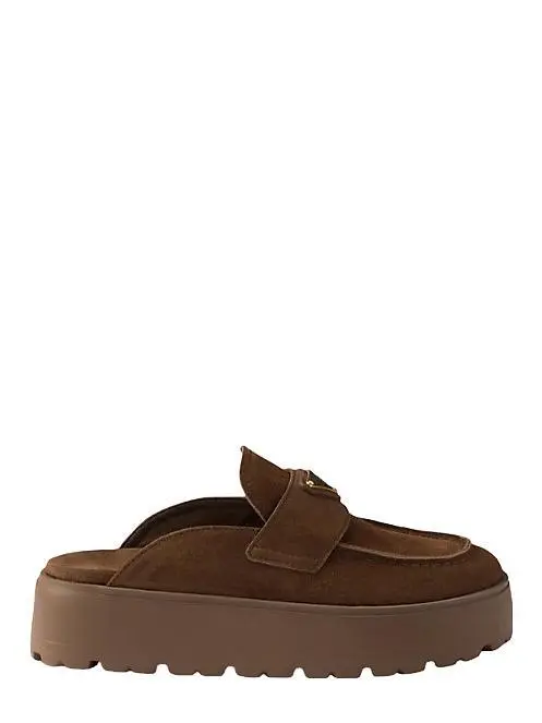 Prada Triangle-logo Suede Flatform Mules - Brown