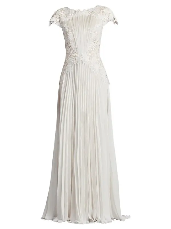 Tadashi Shoji Floral Lace And Pleated Chiffon Gown - Ivory Petal