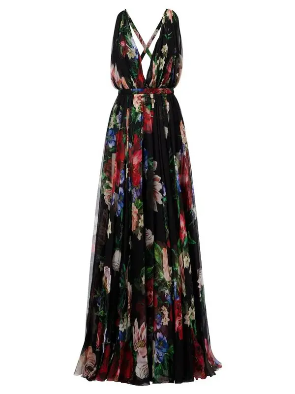 Dolce & Gabbana Floral Pleated Silk Chiffon Gown - Multicoloured