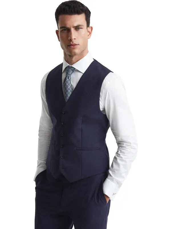 REISS Bold Classic Slim Fit Wool Horseshoe Waistcoat - Navy