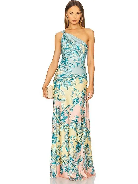 Hemant & Nandita One Shoulder Long Dress - Blue Yellow Mix