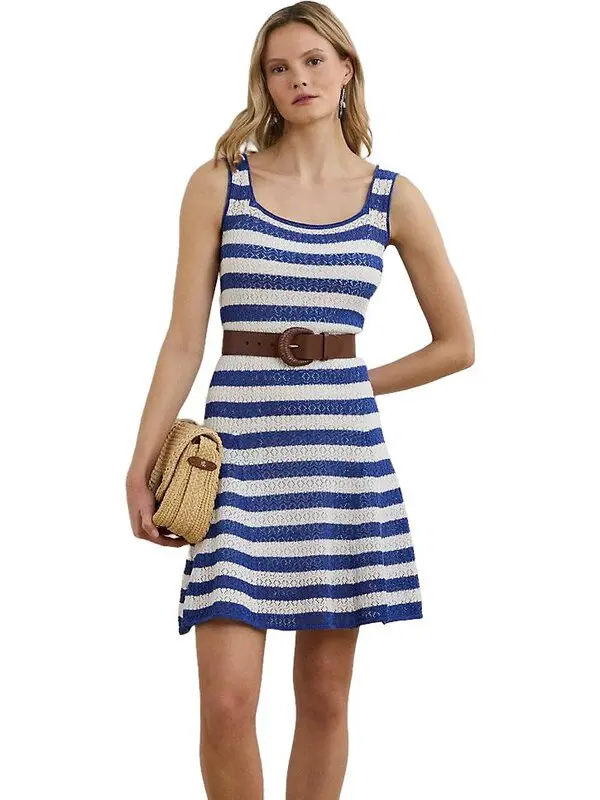 Ralph Lauren Striped Pointelle-knit Sweater Dress - Blue Lapis/white
