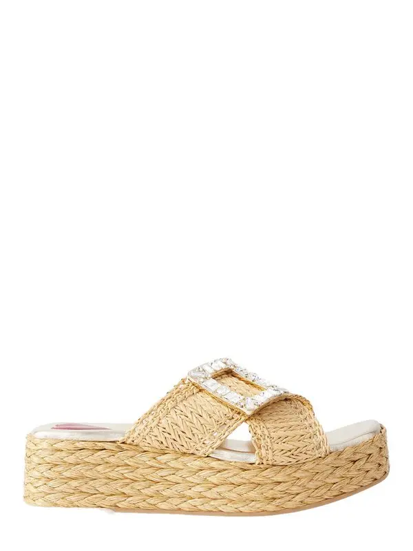 ROGER VIVIER 60 Embellished Raffia Platform Mules - Neutrals