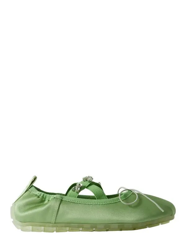 Simone Rocha Grosgrain-trimmed Crystal-embellished Pleated Satin Ballet Flats - Green