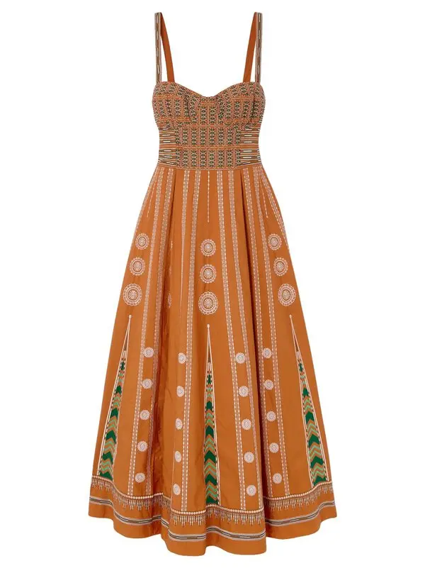 EMPORIO SIRENUSE Elida Embroidered Silk Midi Dress - Orange