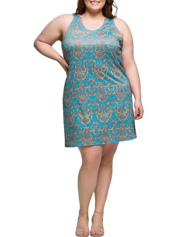 24SEVEN COMFORT APPAREL Filigree Print Sleeveless Dress - Blue Multi