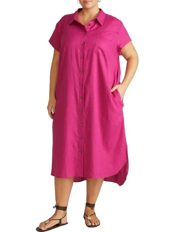 Universal Standard Dune Linen Blend Midi Shirt Dress - Hyper Pink