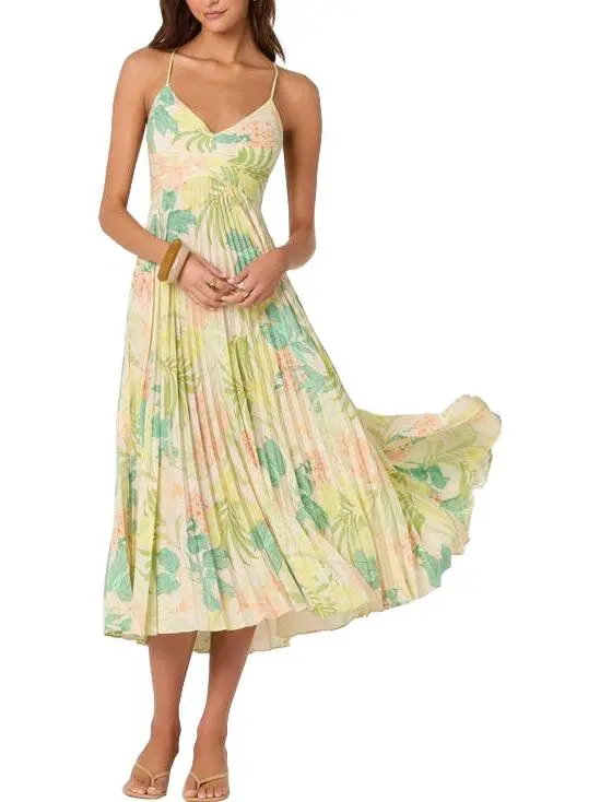 Astr The Label Blythe Pleated Maxi Dress - Green Peach Tropical