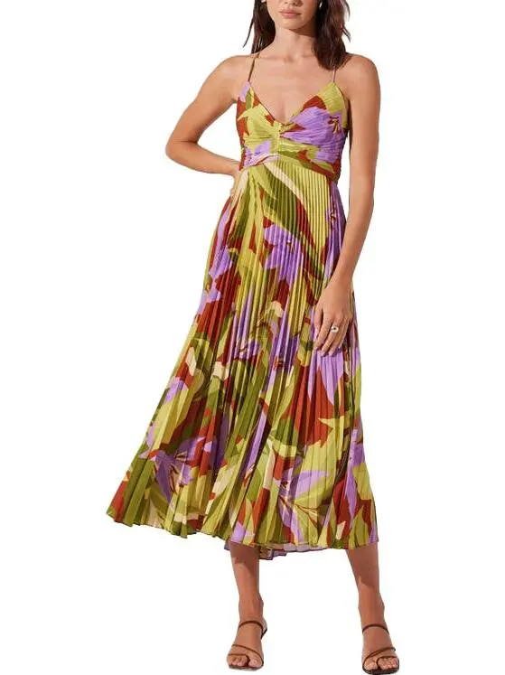 Astr The Label Blythe Pleated Maxi Dress - Green Rust Floral