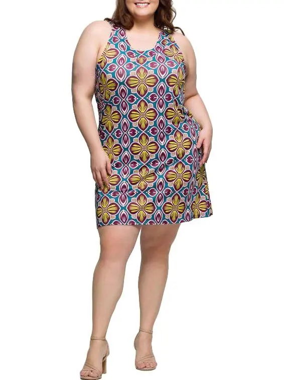 24SEVEN COMFORT APPAREL Quatrefoil Floral Print U-neck Dress - Yellow Multi