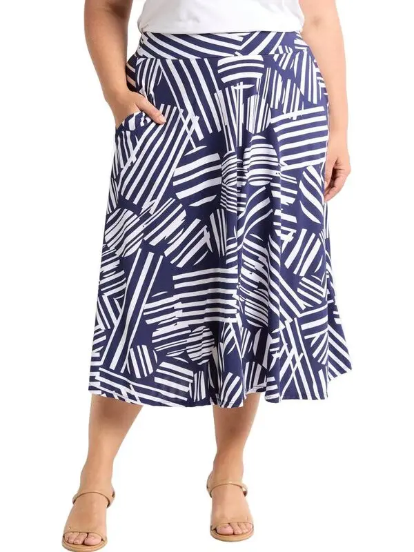 24SEVEN COMFORT APPAREL Geometric Print Midi Skirt - Navy Multi