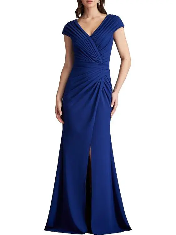 Tadashi Shoji Pleated Crepe Trumpet Gown - Midnight