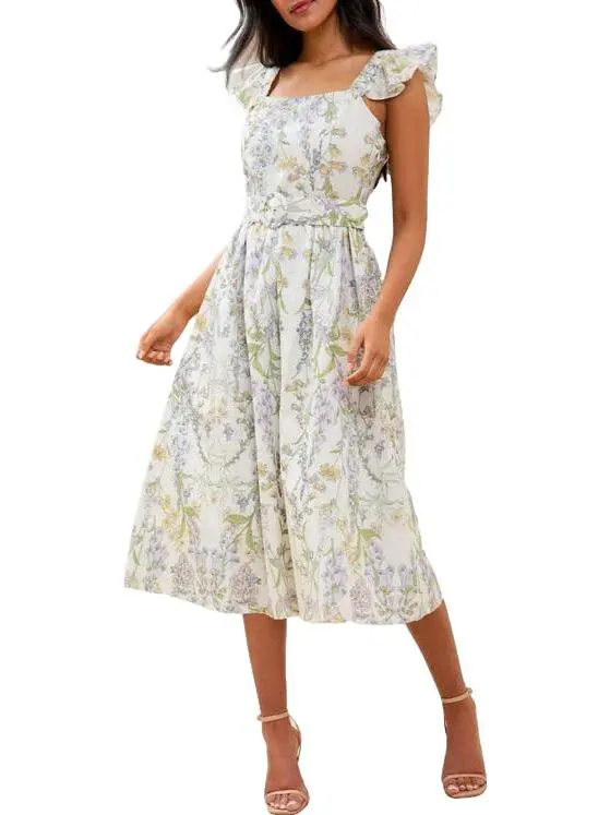 LIPSY Floral Print Ruffle Belted Midi Dress - White