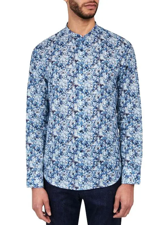BROOKLYN BRIGADE Slim Fit Cherry Blossom Linen Cotton Banded Collar Long Sleeve Shirt - Blue