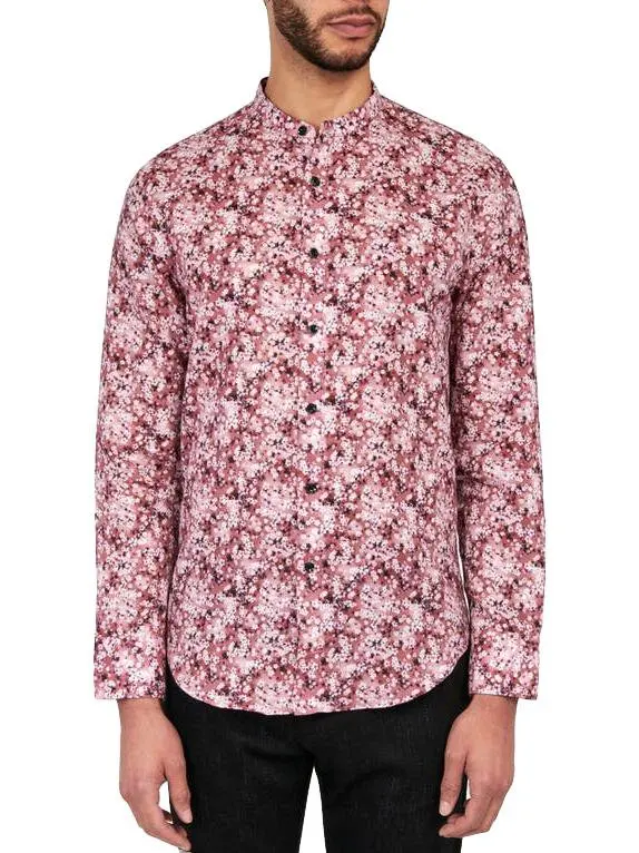 BROOKLYN BRIGADE Slim Fit Cherry Blossom Linen Cotton Banded Collar Long Sleeve Shirt - Pink