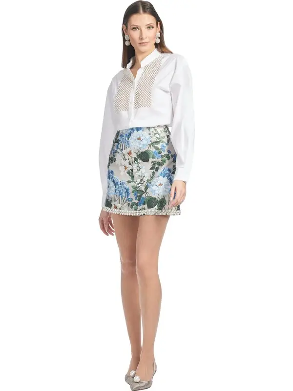 Sachin & Babi Printed Mikado Mini Skirt With Crystal And Pearl Trim - Dune And Dusk Petals