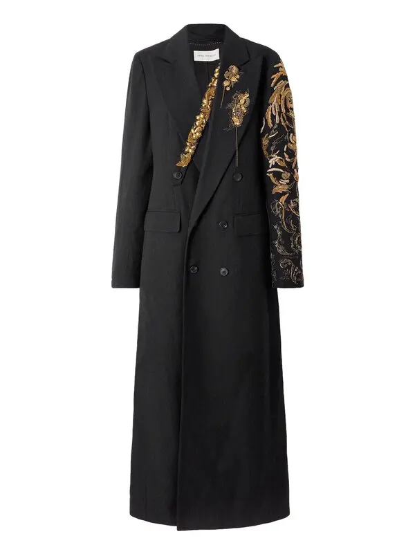 Dries Van Noten Double-breasted Striped Wool And Linen-blend Coat - Black