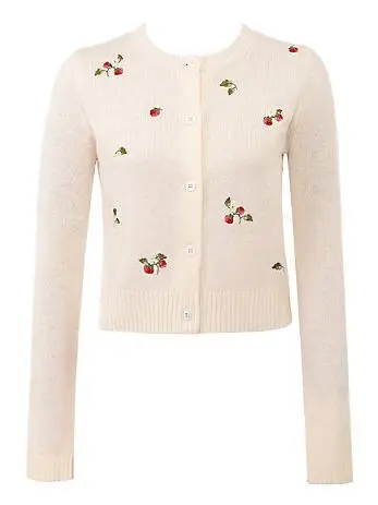 House Of Cb Evelina Strawberry-embroidered Wool Cardigan - Cream