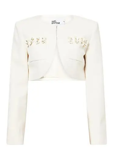 SELF-PORTRAIT Floral-appliqué Cropped Crepe Jacket - Cream