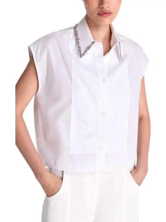 TWP Beaded Collar Cap Sleeve Shirt - White