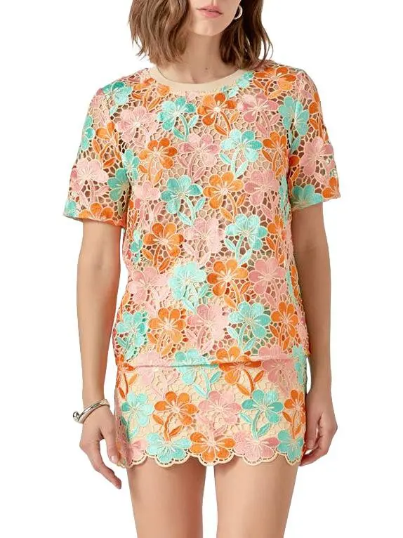 Endless Rose Floral Embroidered Open Knit Top - Orange Multi