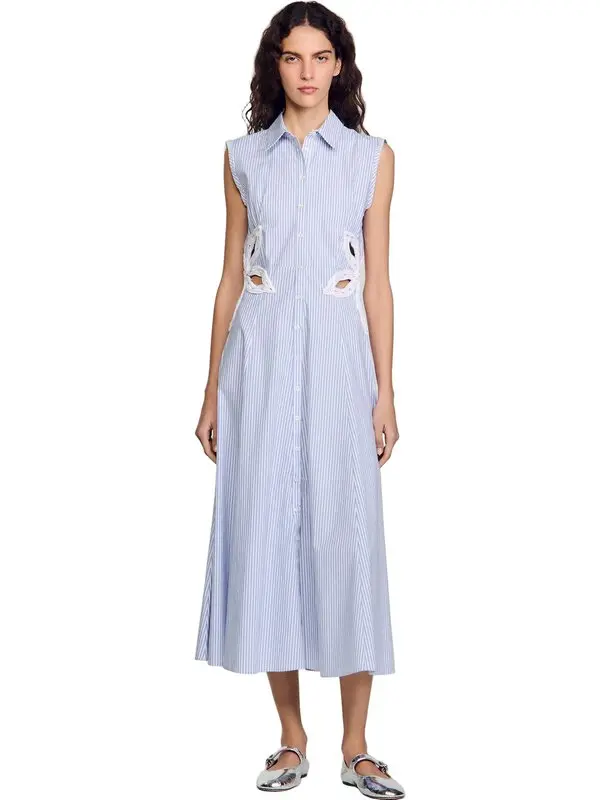 Sandro Striped Embroidered Maxi Dress - Sky Blue