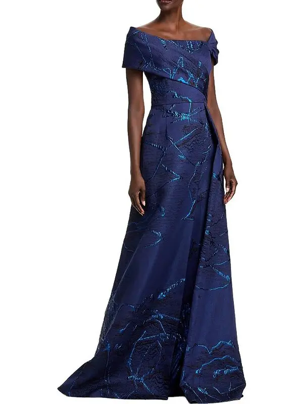 Rickie Freeman For Teri Jon Asymmetrical Jacquard Gown - Navy Multi