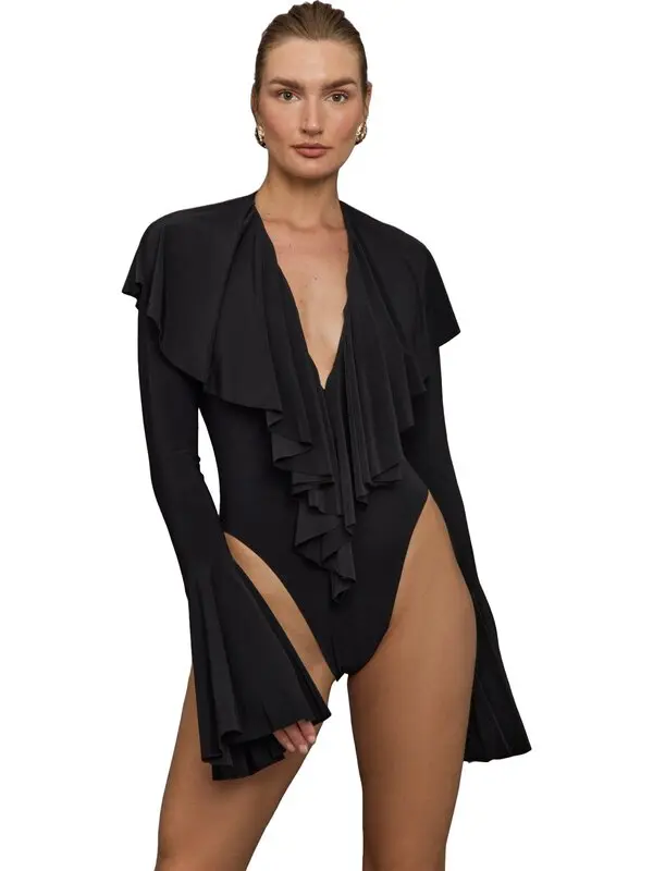 Norma Kamali Long Sleeve Deep V Ruffle Bodysuit - Black
