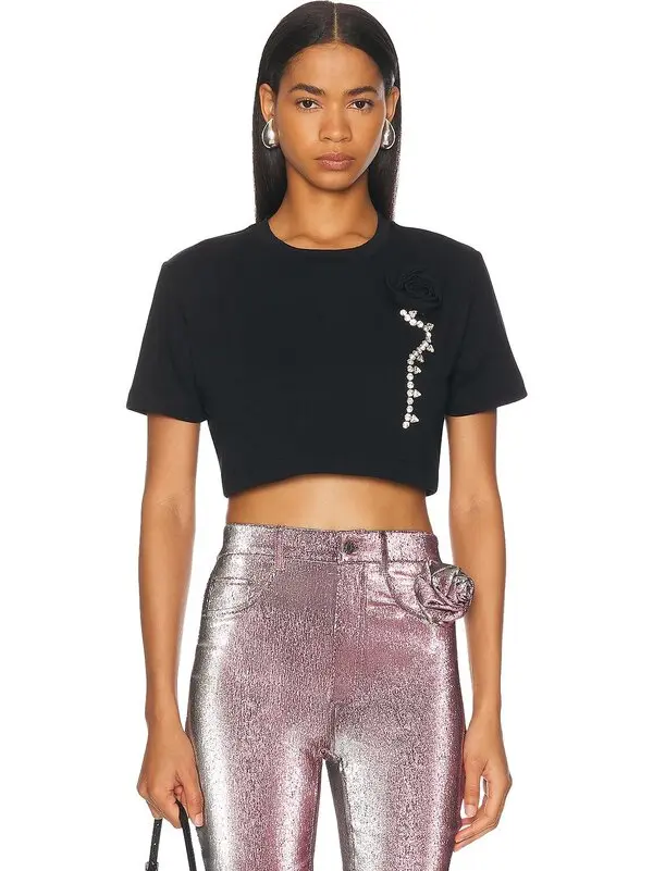 AREA Crystal Rosette Cropped T-shirt - Black
