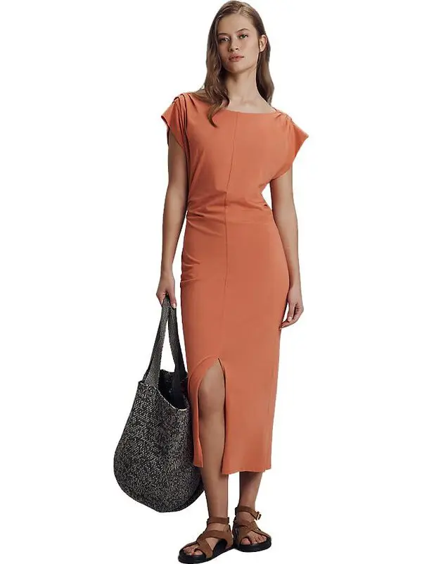 NATION LOS ANGELES Salma Boat-neck Pleated Midi Dress - Coral