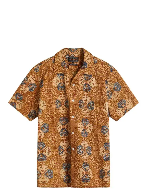 BEAMS Open Collar Geometric Block Print Shirt - Brown