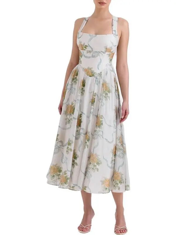 House Of Cb Minerva Floral Print Chiffon Midi Sundress - Yellow Rose Off White